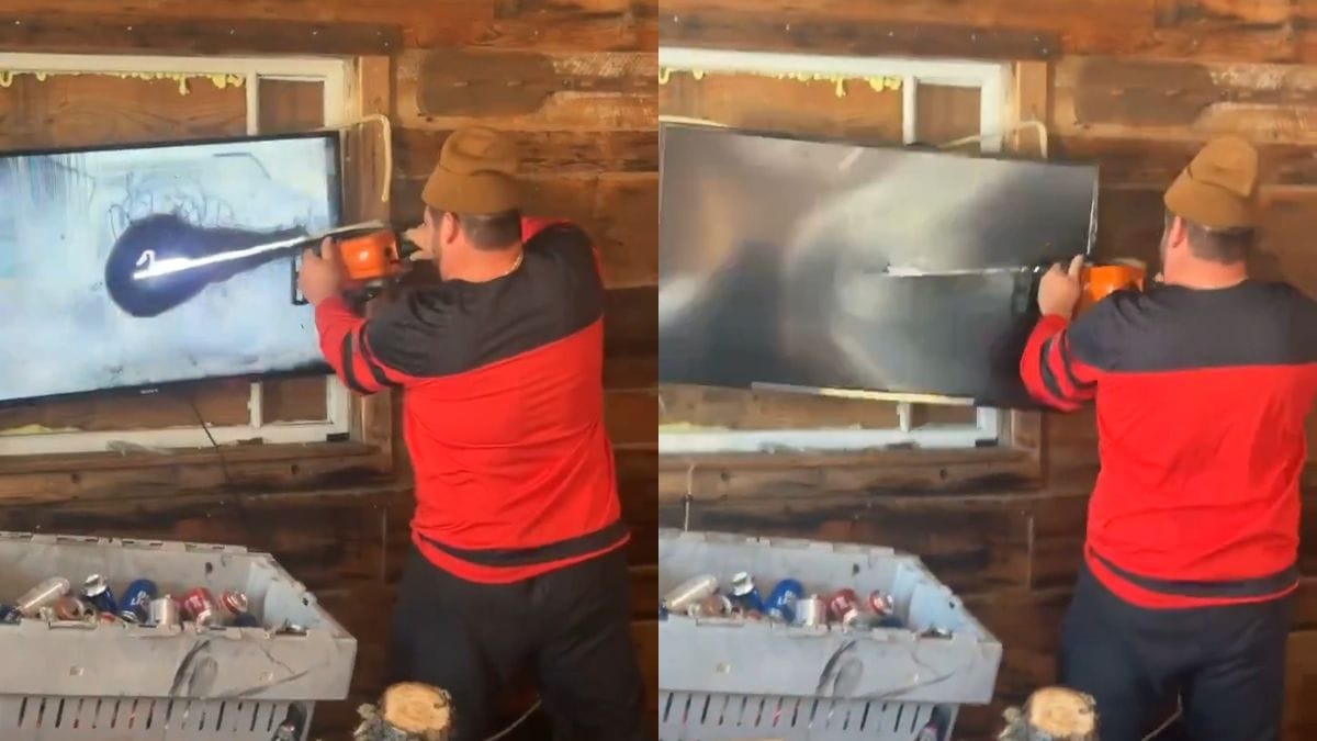 Winter Olympics: Canadian man chainsaws TV in viral meltdown video ...